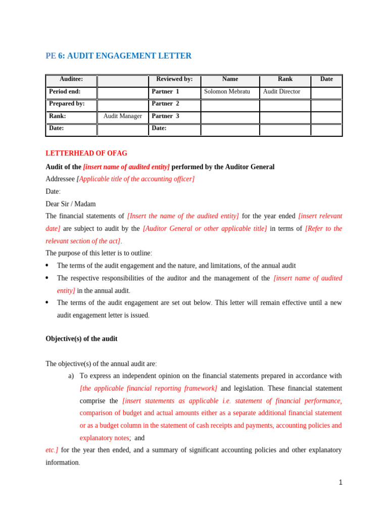 Audit Engagement Letter Template | PDF | Audit | Internal Control