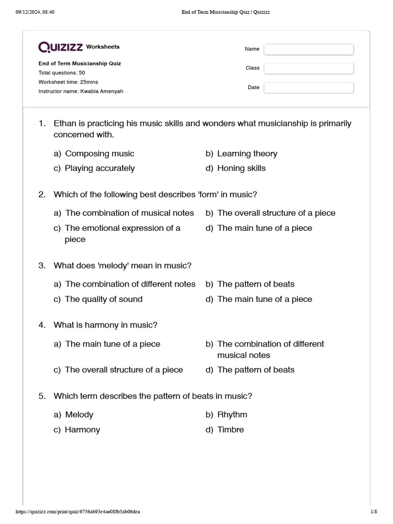 End of Term Musicianship Quiz | PDF | Musical Forms | Music Theory