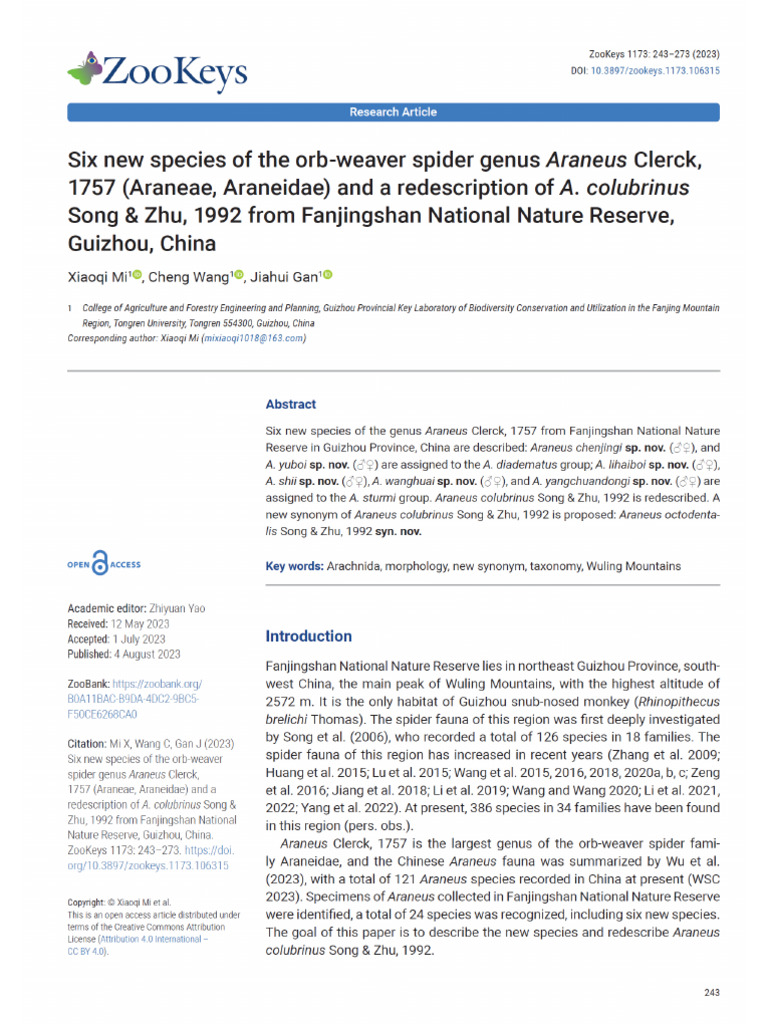 COVER Mi, X., Wang, C. & Gan, J. 2023. Six new species of the orb-weaver spider genus Araneus ...