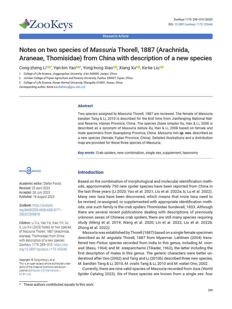Nuevo de Thomisidae No en Catalogo Agosto 18 Zhang Li Et Al ZK-1175-299 ...
