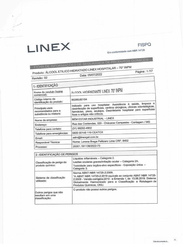 FISPQ Alcool 70 Linex | PDF