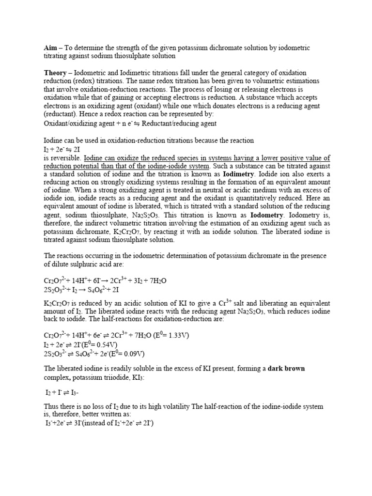 Iodometric Titration of Potassium Dichromate | PDF | Titration | Chemistry