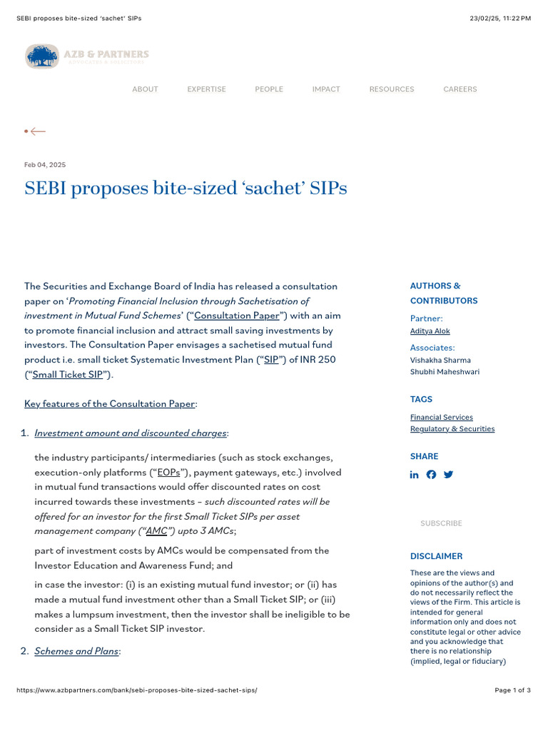 AZB SEBI Proposes Bite-Sized Sachet' SIPs | PDF | Investing | Mutual Funds