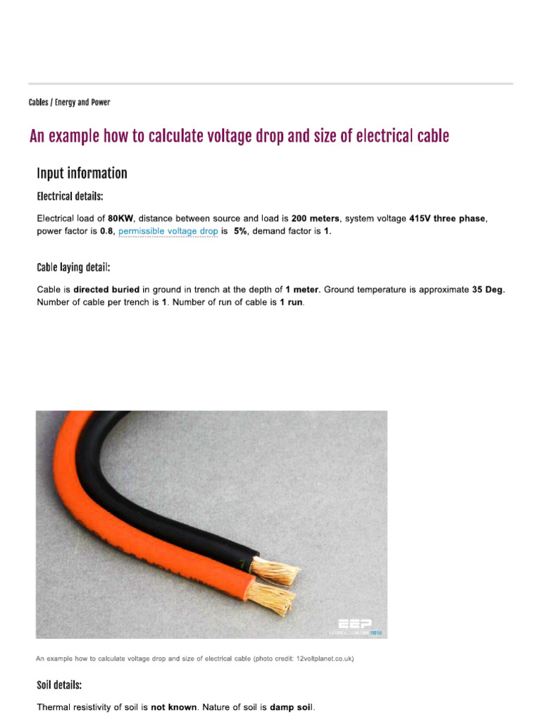An Example How To Calculate Voltage Drop and Size of Electrical Cable | PDF