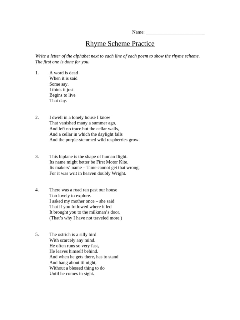 Rhyme Scheme Practice Worksheet | PDF