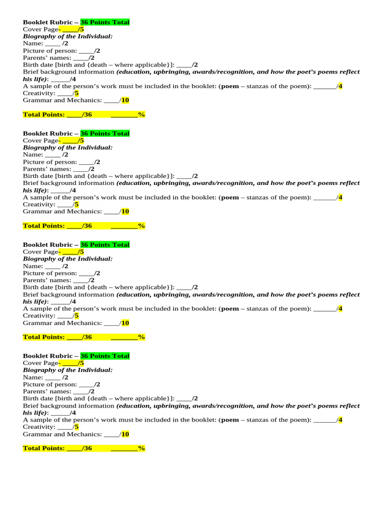Booklet Rubric for Poet Biography | PDF