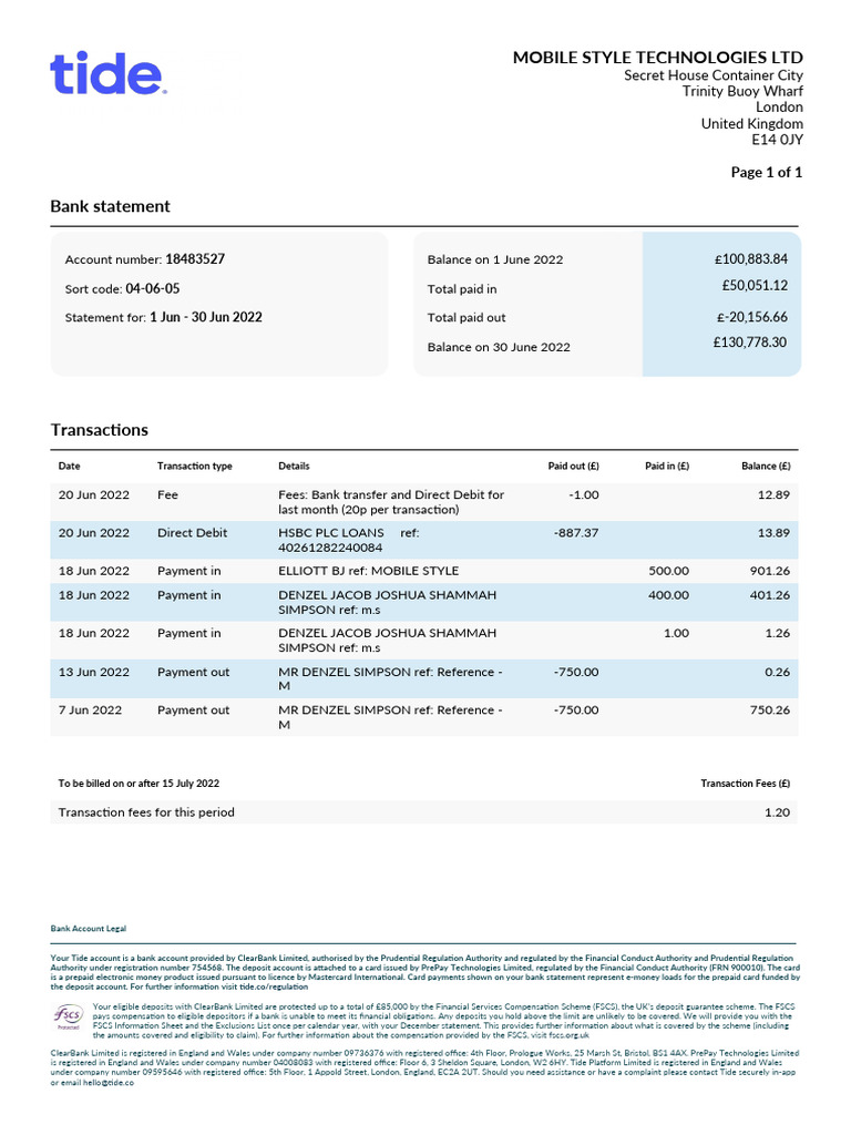 TIDE bank statement month 4 | PDF | Banks | Payments