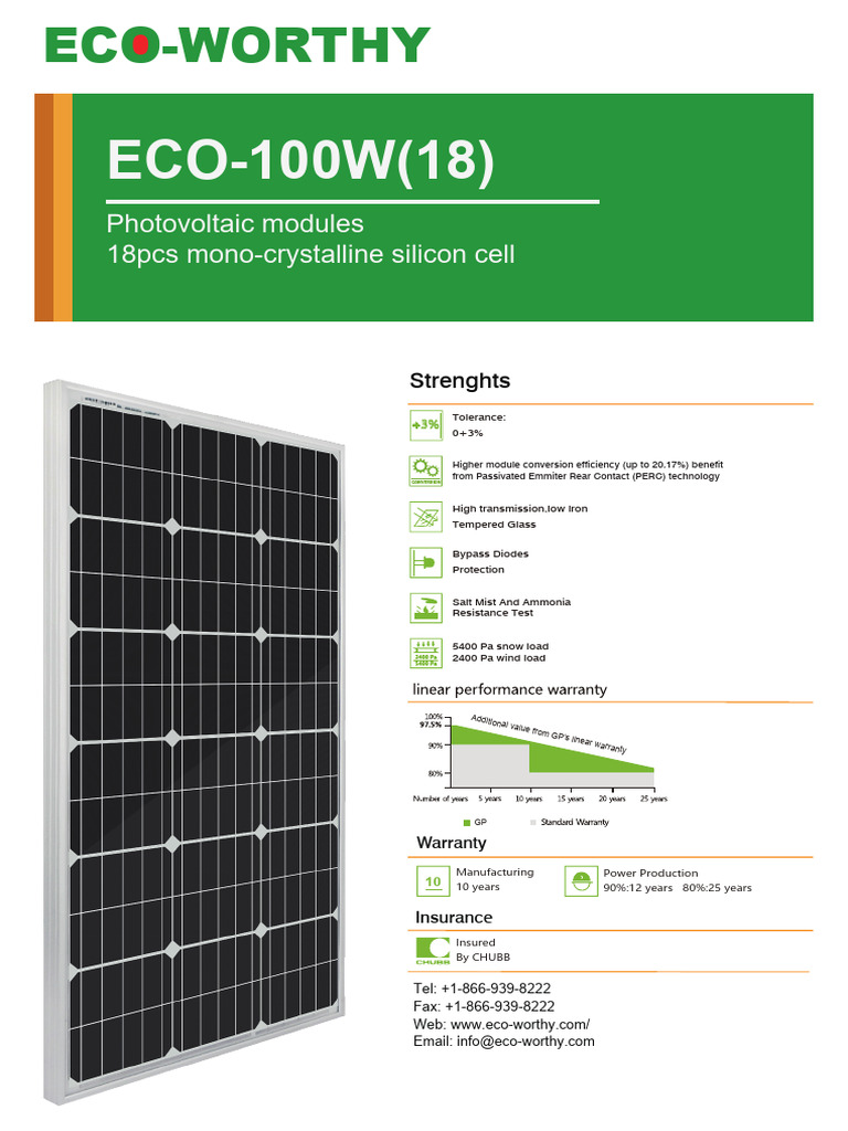 100 Watt 12 Volt Monocrystalline Solar Panel Spec Sheet | PDF | Solar ...