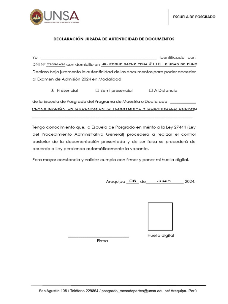Declaracion Jurada de Autenticidad de Documentos 2024 | PDF