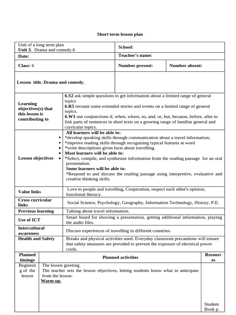 Drama and Comedy Lesson Plan | PDF | Learning | Question