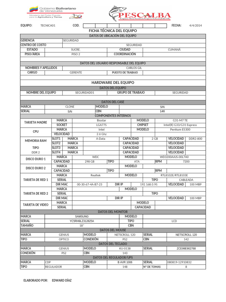 9. Formato 001 - Ficha Tecnica de Equipo y Hoja de Vida | PDF | Microsoft Windows | Informática