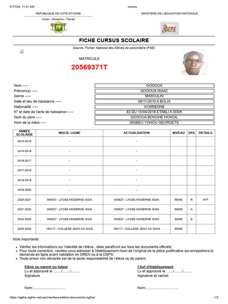 Fiche de Cursus Scolaire 2024 | PDF