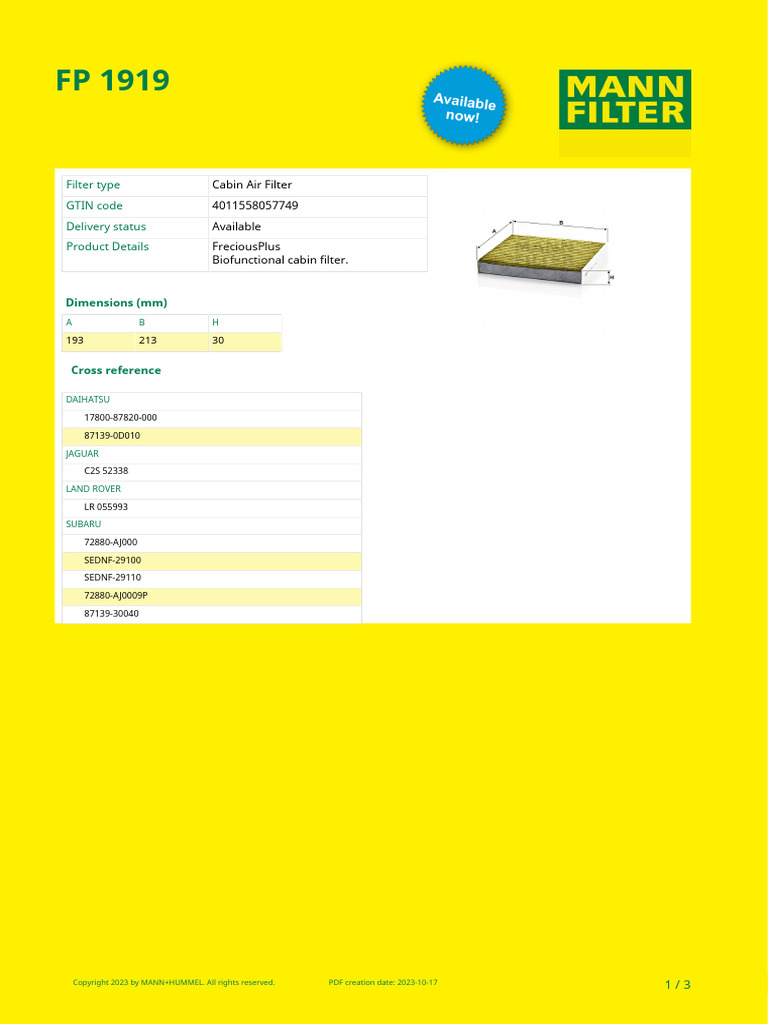 MANN-FILTER FP 1919 NEW MX Eng 2024-03-30 | PDF | Toyota | Car