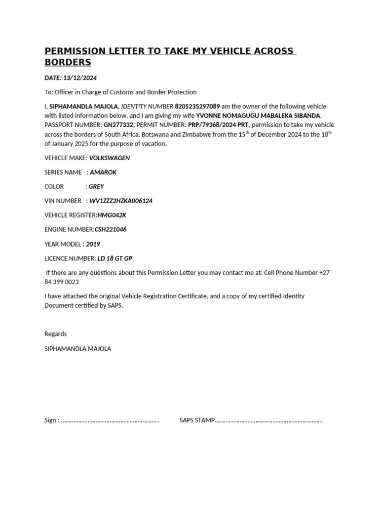 Vehicle Border Crossing Permission Letter | PDF