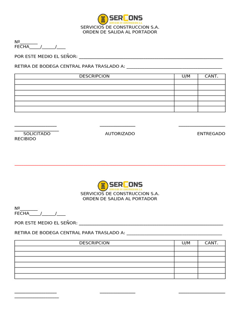 Orden de Salida de Bodega. | PDF