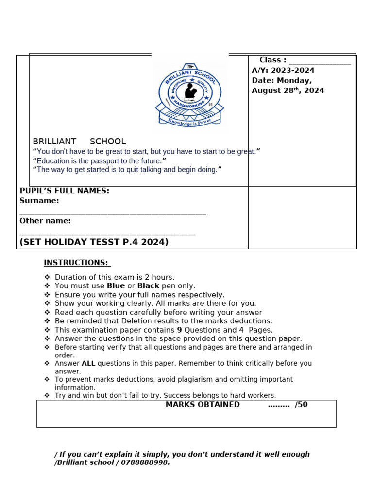 Set P4 Holiday Test | PDF