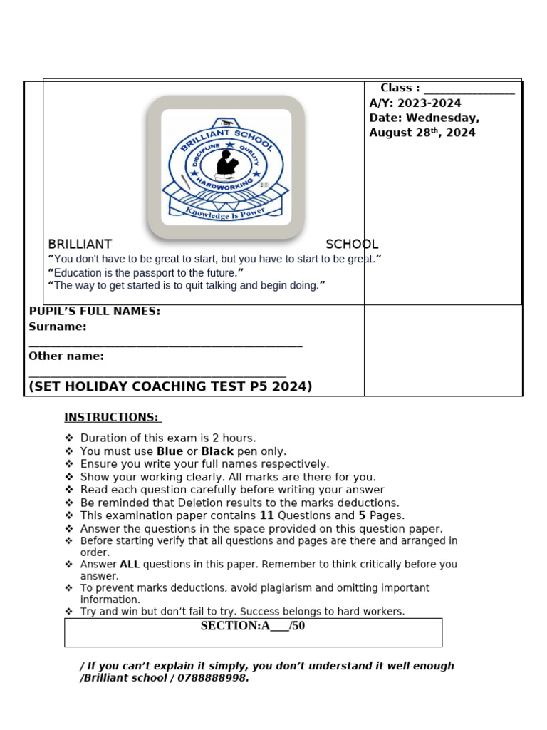 Set P5 Holiday Coaching Test | PDF