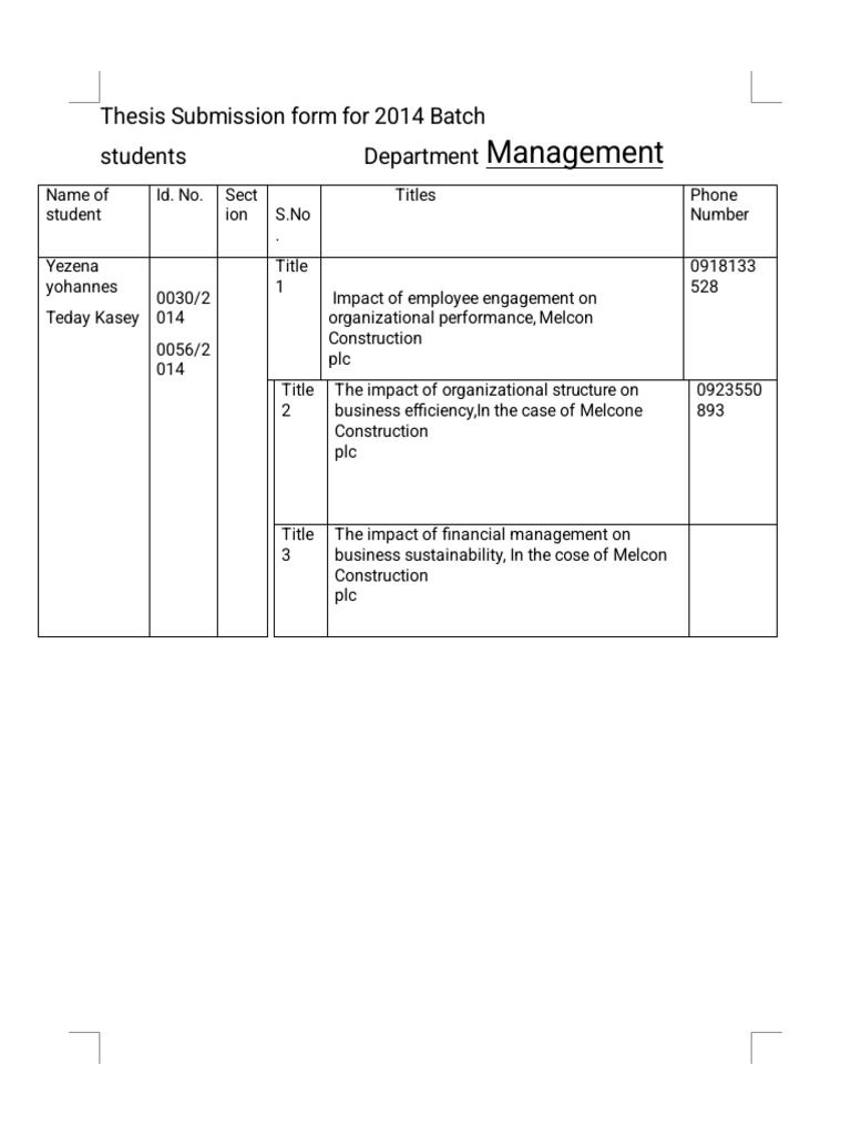 Management: Thesis Submission Form For 2014 Batch Students Department | PDF