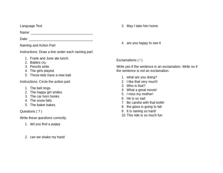 Language Test: Naming and Action Parts | PDF