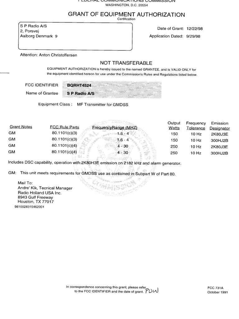 System 4000 250W, Grant of Equipment Authorization, FCC, US | PDF