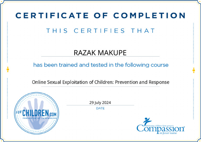 Online Sexual Exploitation of Children Prevention and Response_Certificate of Completion | PDF