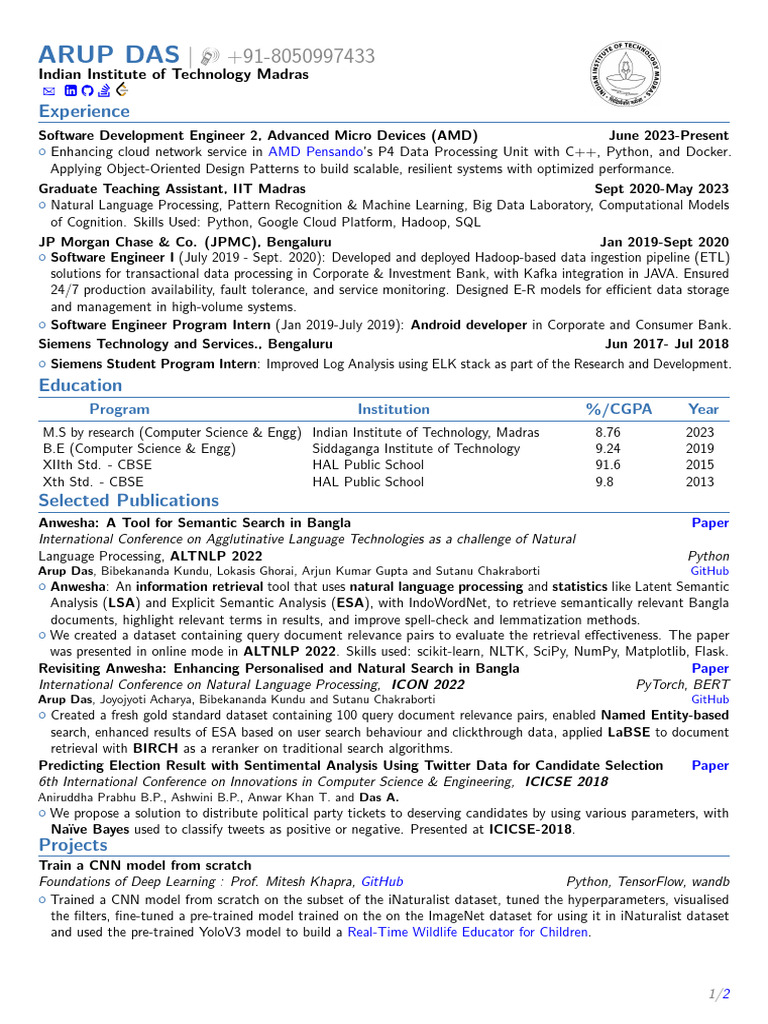 Arup_Das_Resume - Arup Das | PDF | Deep Learning | Machine Learning