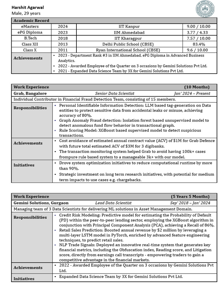 Harshit - CV - 2024 (1) - Harshit Agarwal | PDF | Data Science | Information Science