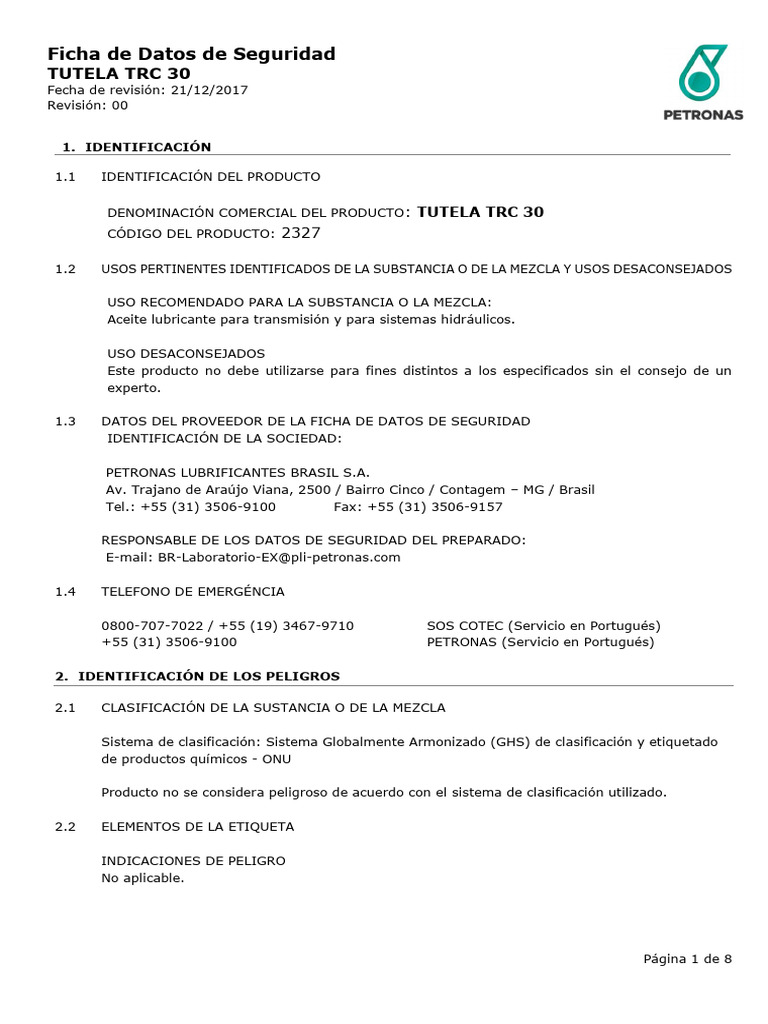 Hoja msds TUTELA TRC 30 | PDF | Agua | Combustión