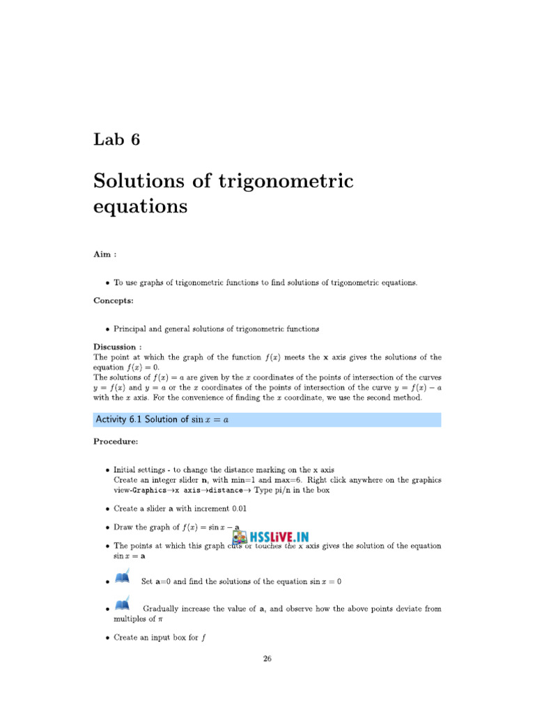 Hsslive Xi Maths Lab Manual 6 Solution Of Trigonometric Equations Pdf
