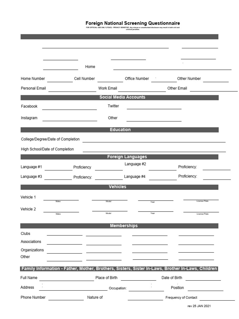 Foreign National Screening Questionnaire Updated 25 JAN 2021 | PDF