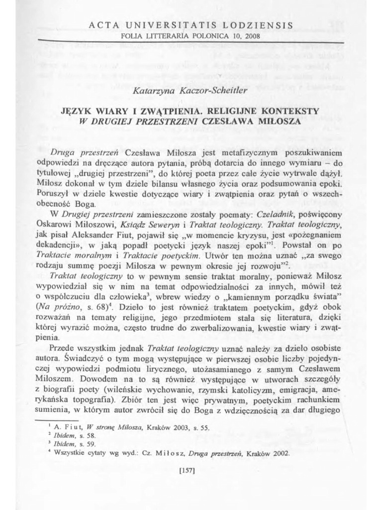 K Atarzyna K Aczor-Scheitler: Język W Iary I ZW Ątpienia. Religijne Konteksty Czesława Miłosza | PDF