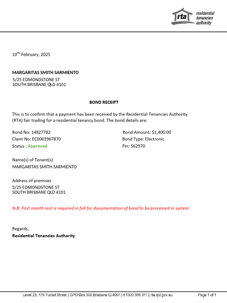 RTA Bond Receipt Confirmation | PDF