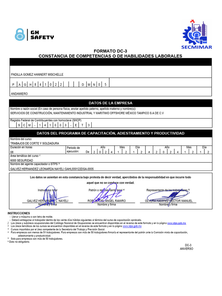 DC3 - Trabajos en Caliente - Hannert Padilla Gómez | PDF