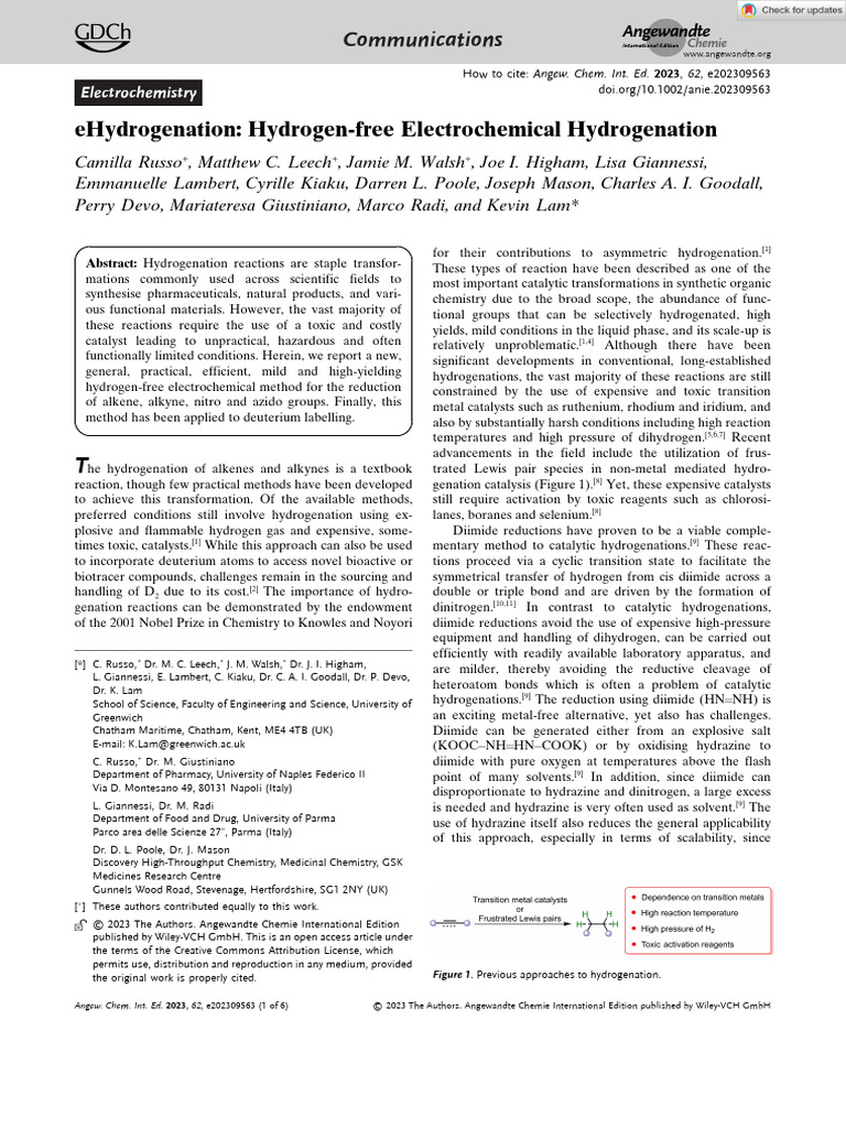 Angew Chem Int Ed Hydrogenation Hydrogen Free Electrochemical Hydrogenation | PDF ...
