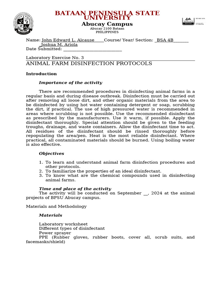 Laboratory Exercise No. 3 Animal Farm Disinfection Protocol | PDF ...