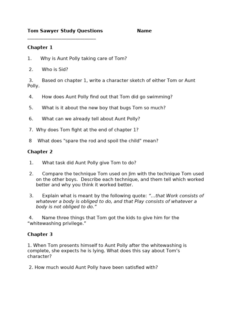 Tom Sawyer Study Questions: Chapters 1-10 | PDF | The Adventures Of Tom ...