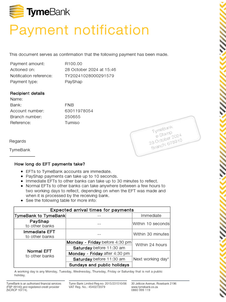 TymeBank Payment Notification Details | PDF