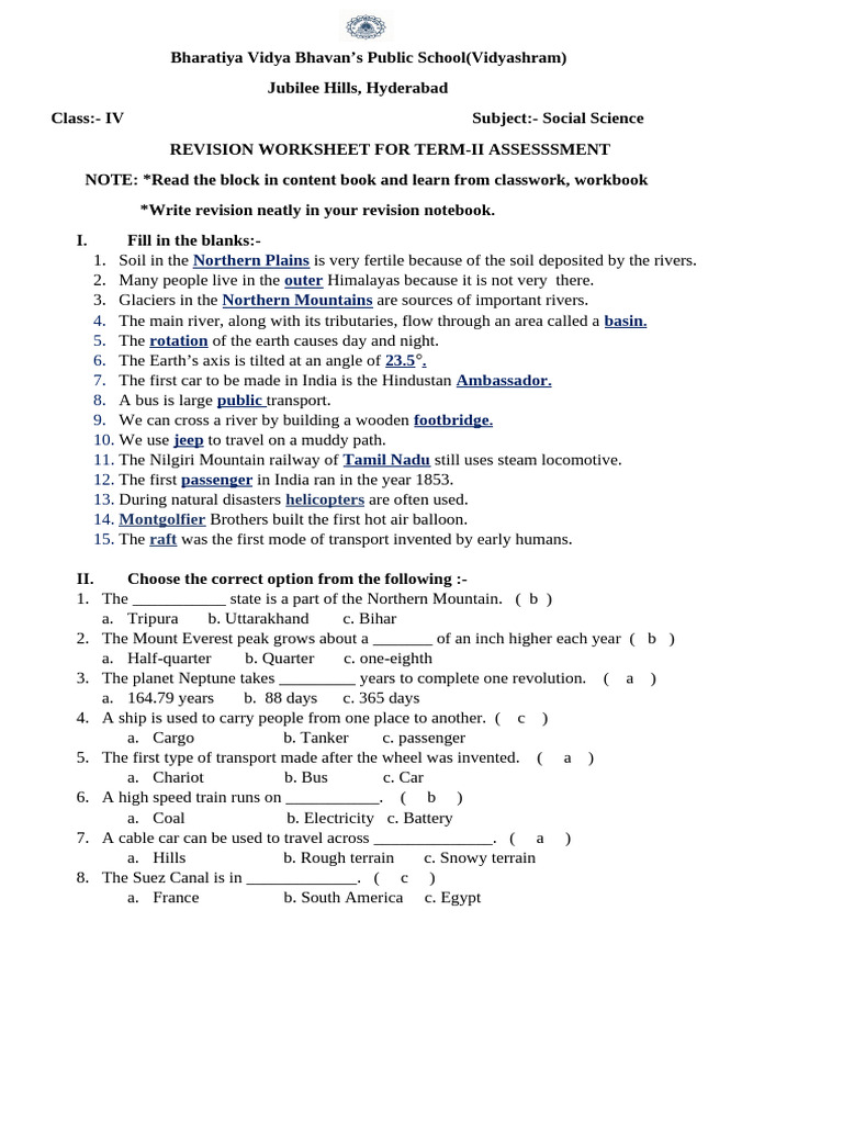 Class - 4 - Term 2 - Revision - Worksheet (Objective) | PDF | River | Transport