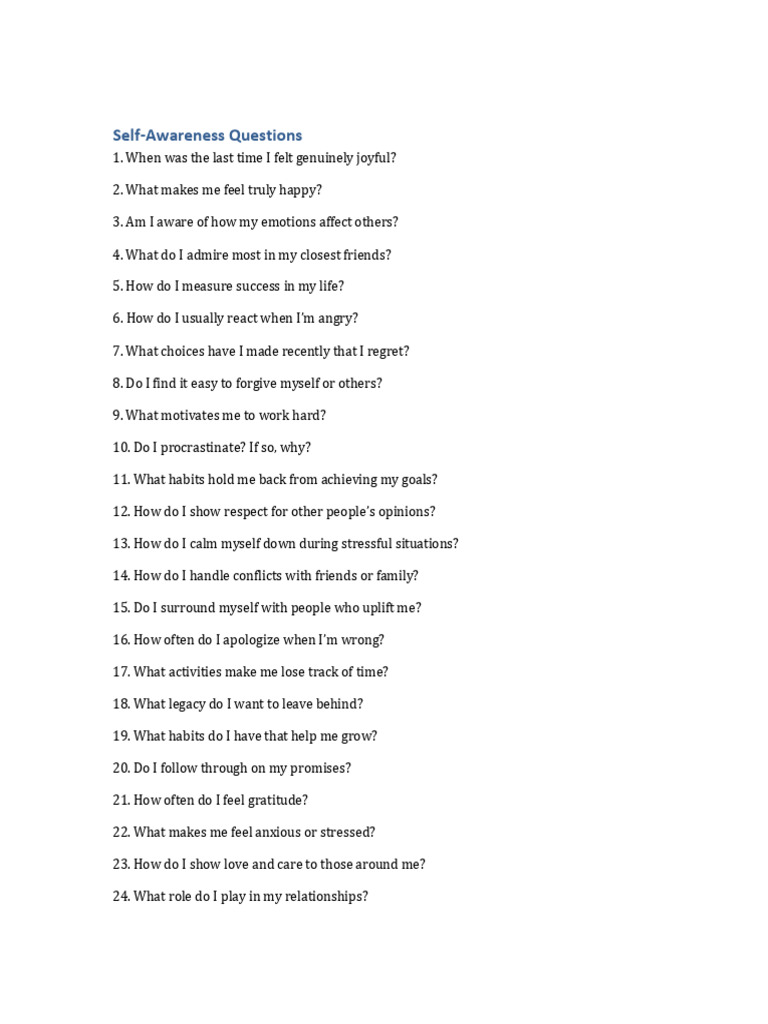 Self-Awareness Reflection Questions | PDF