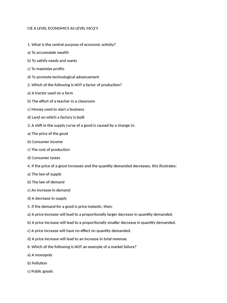Cie A Level Economics As Level MCQ4 | PDF | Demand | Inflation