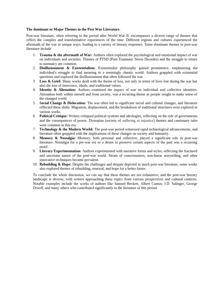 Major Themes in Post-War Literature | PDF | Existentialism | Social ...