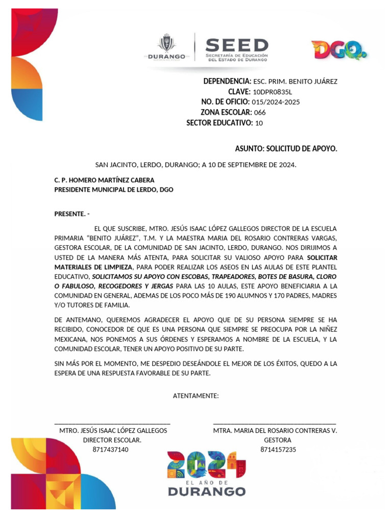 Oficio Solicitud de Materiales | PDF