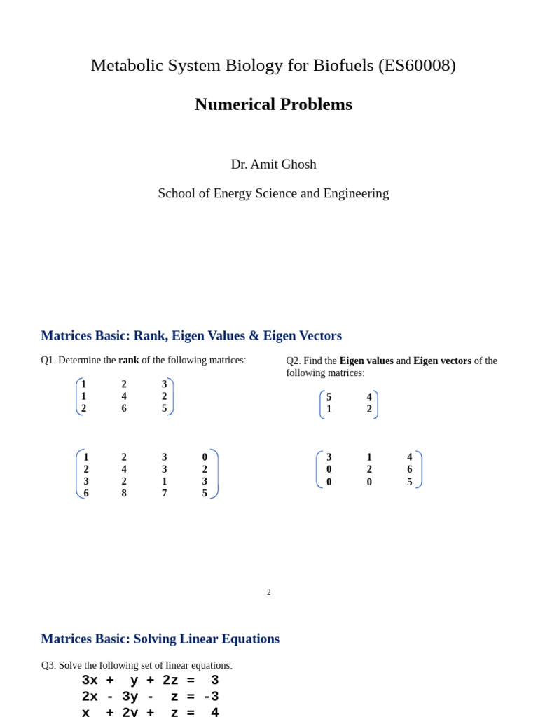 ES60008 MetSysBio Tutorial | PDF | Eigenvalues And Eigenvectors | Adenosine Diphosphate