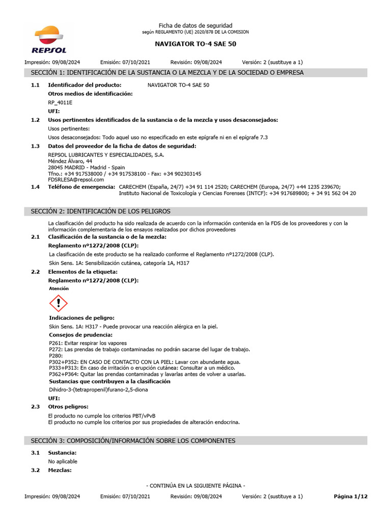 FDS Aceite Lubricante | PDF | Química