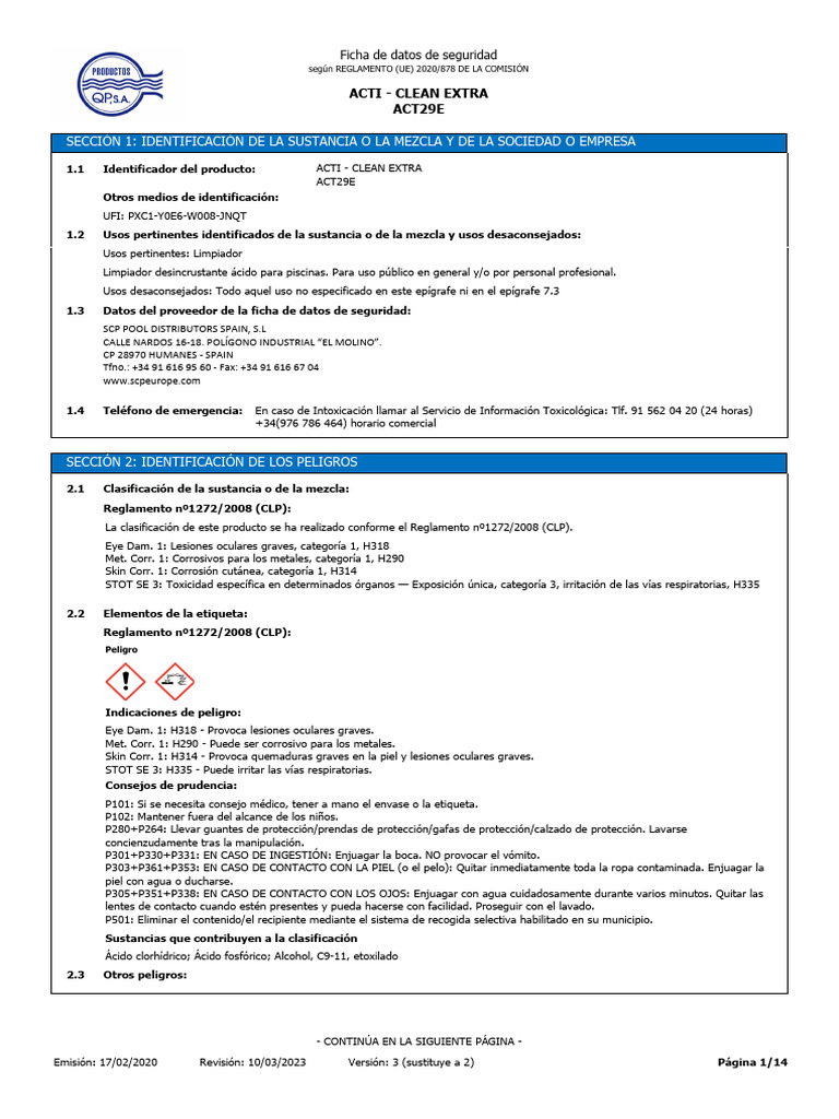 Ficha de Seguridad Acti-Clean Extra | PDF | Ácido clorhídrico | Cloro