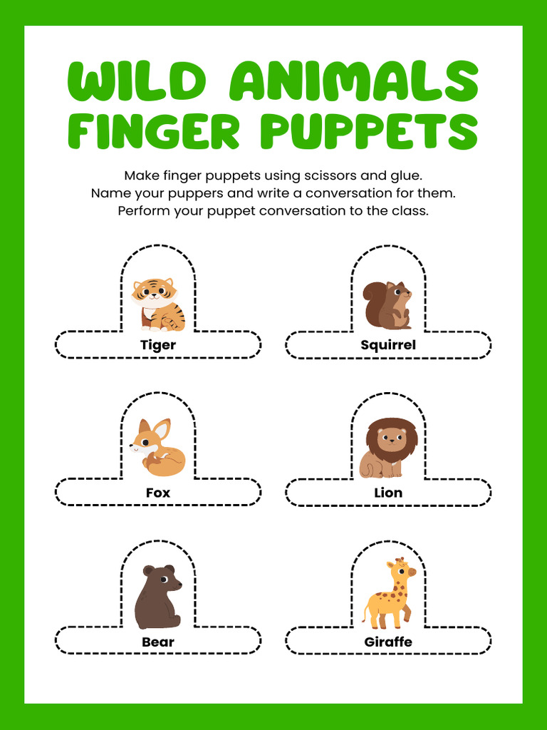 Wild Animals Green White English Finger Puppets Sheet | PDF