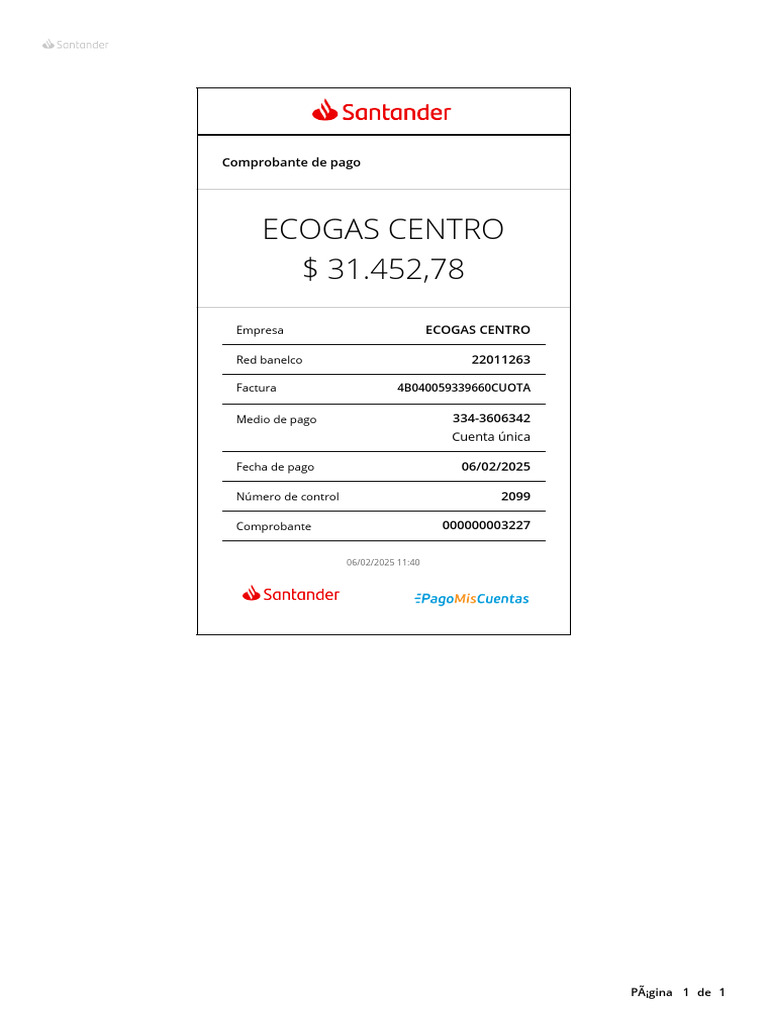 Comprobante de Pago ECOGAS CENTRO | PDF