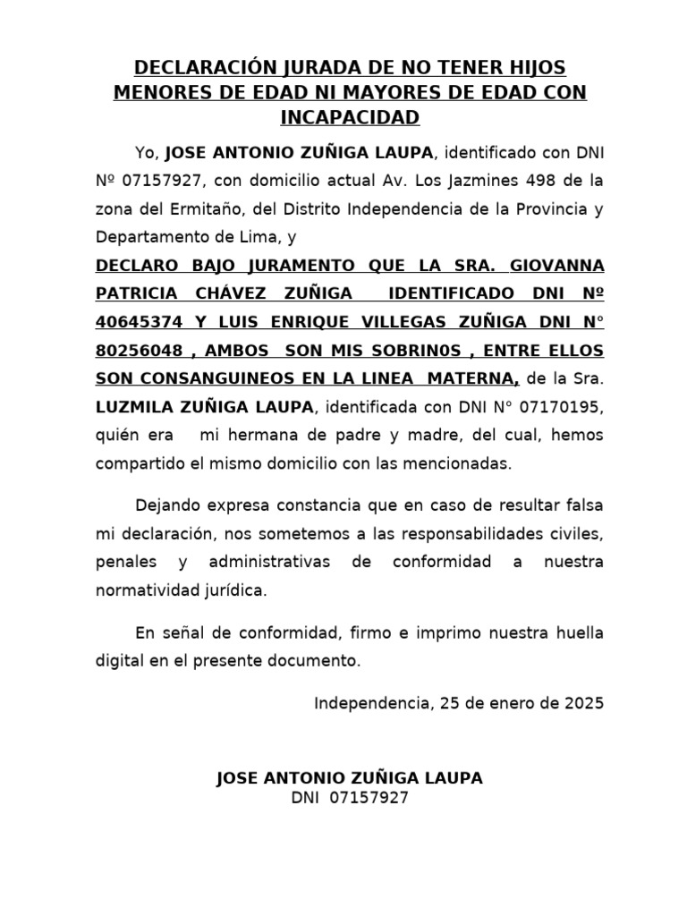 Declaración de No Tener Hijos a Cargo | PDF