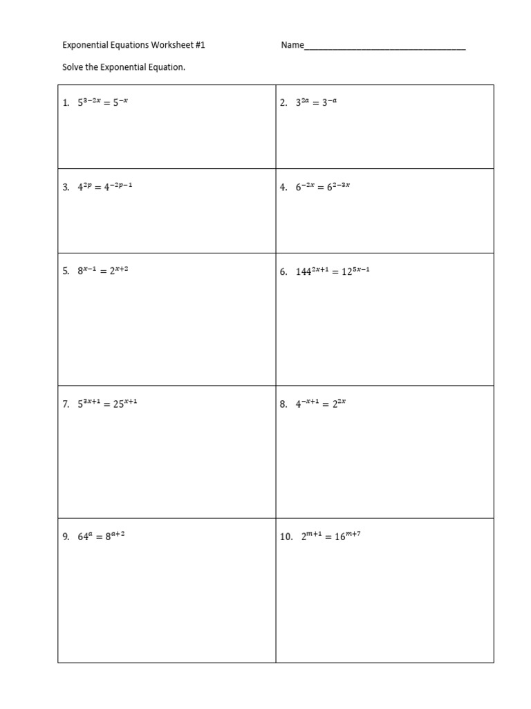 Exponential Equations Worksheet #1 Name - Solve The Exponential ...