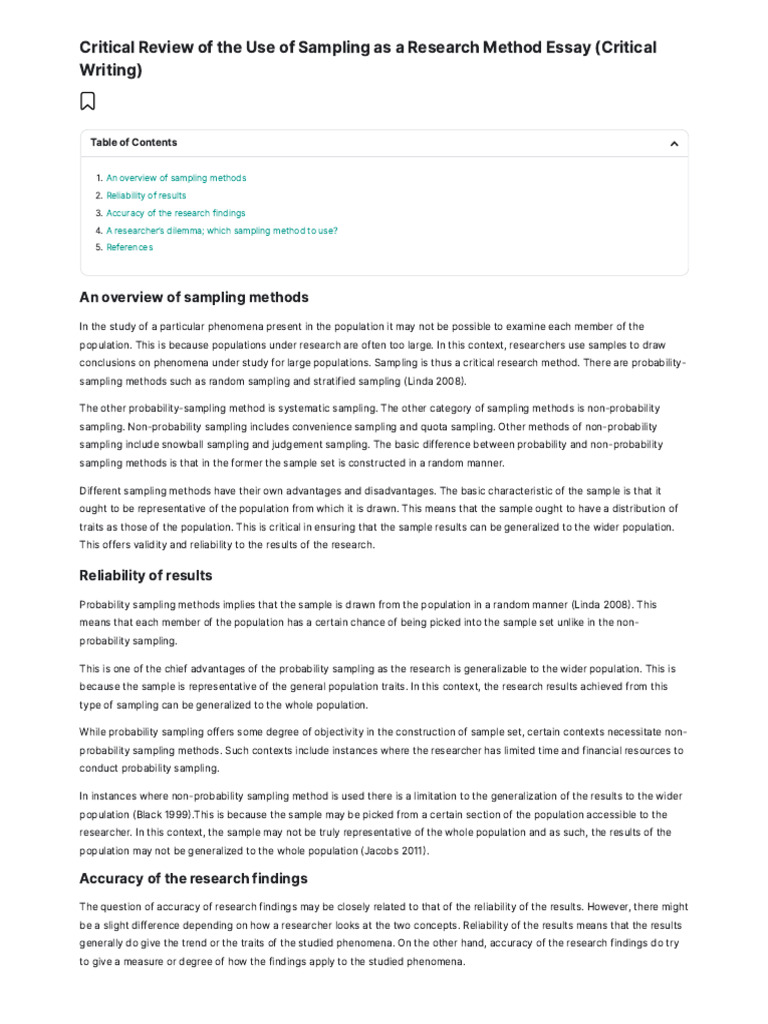 Critical Review of The Use of Sampling As A Research Method - 819 Words ...